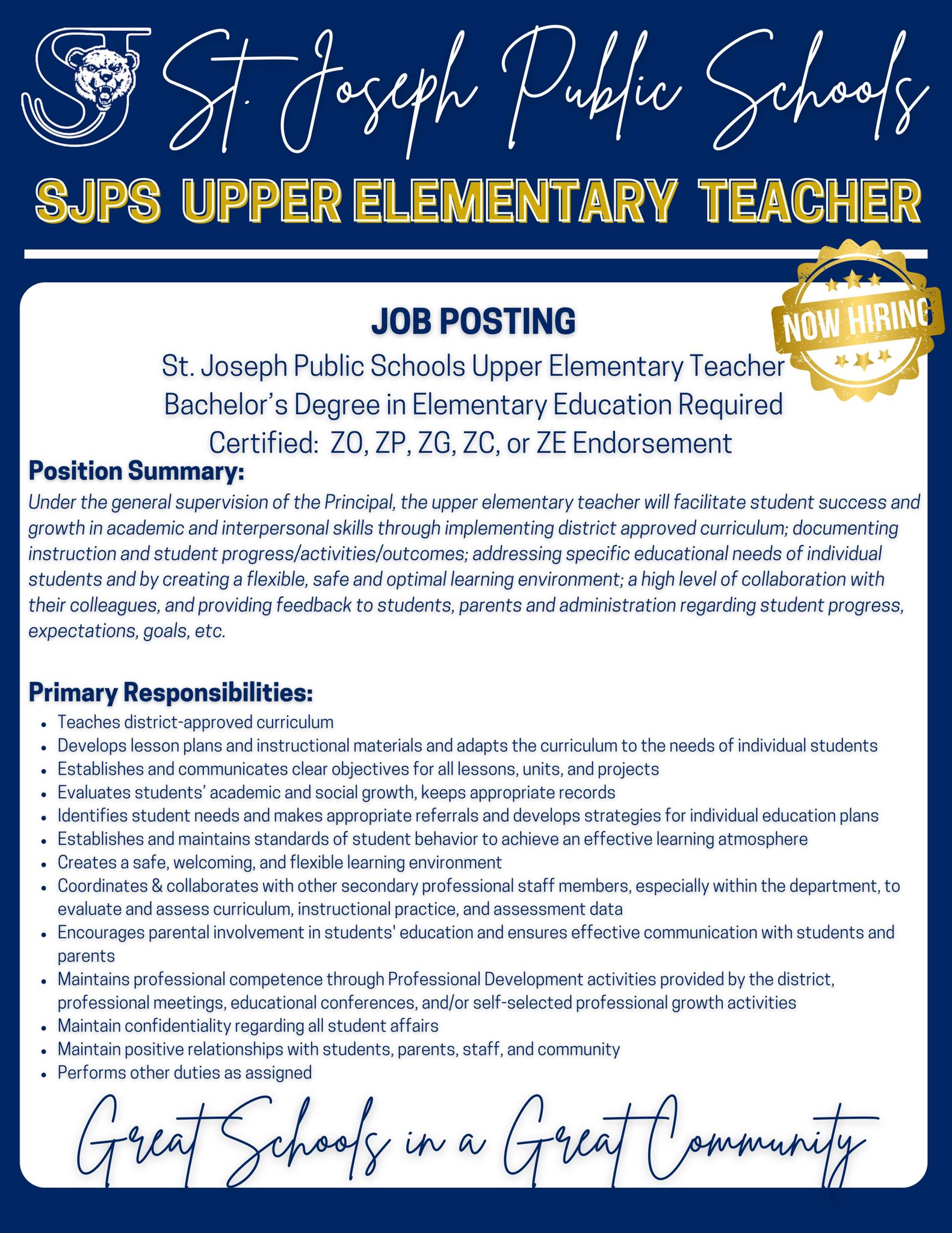 Upper Elementary Teaching Position - St. Joseph Public Schools